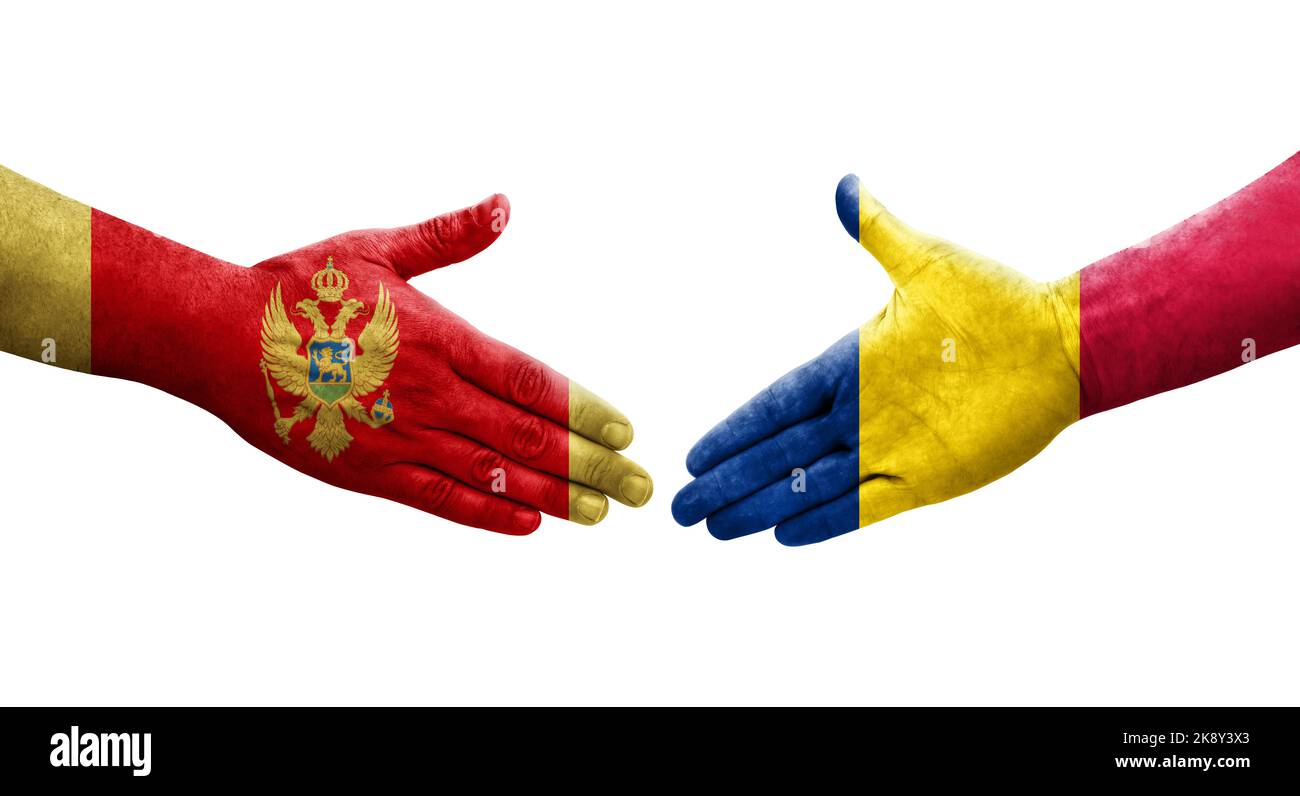 Handshake between Chad and Montenegro flags painted on hands, isolated ...