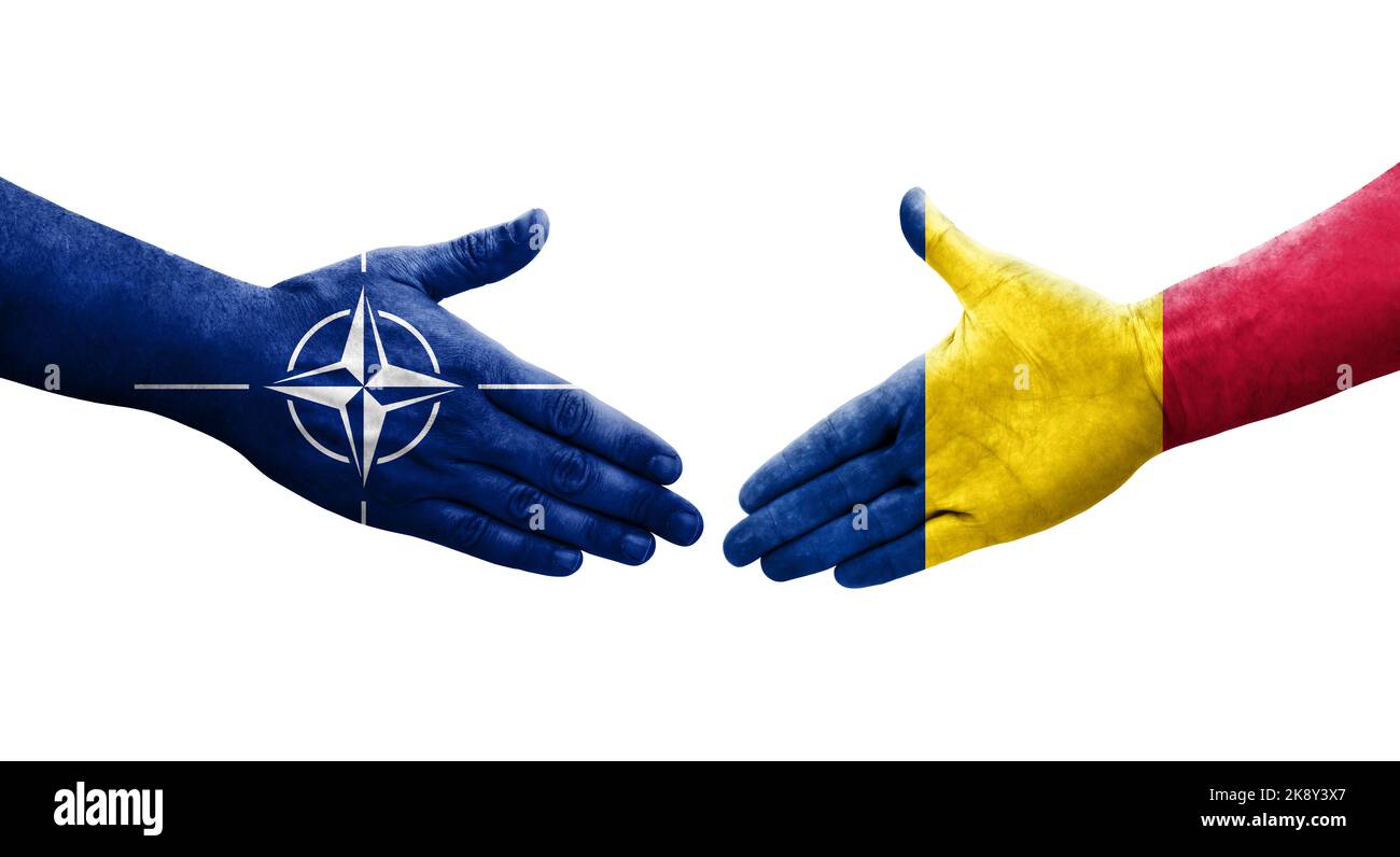 Handshake between Chad and Nato flags painted on hands, isolated ...