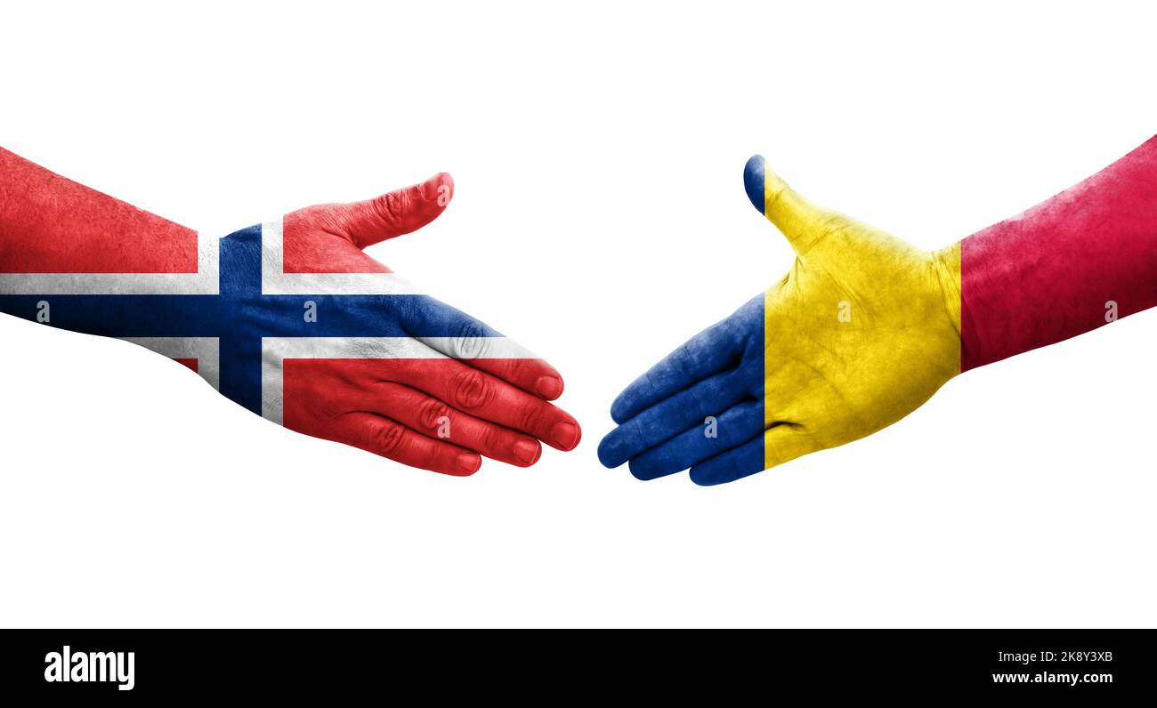 Handshake between Chad and Norway flags painted on hands, isolated ...