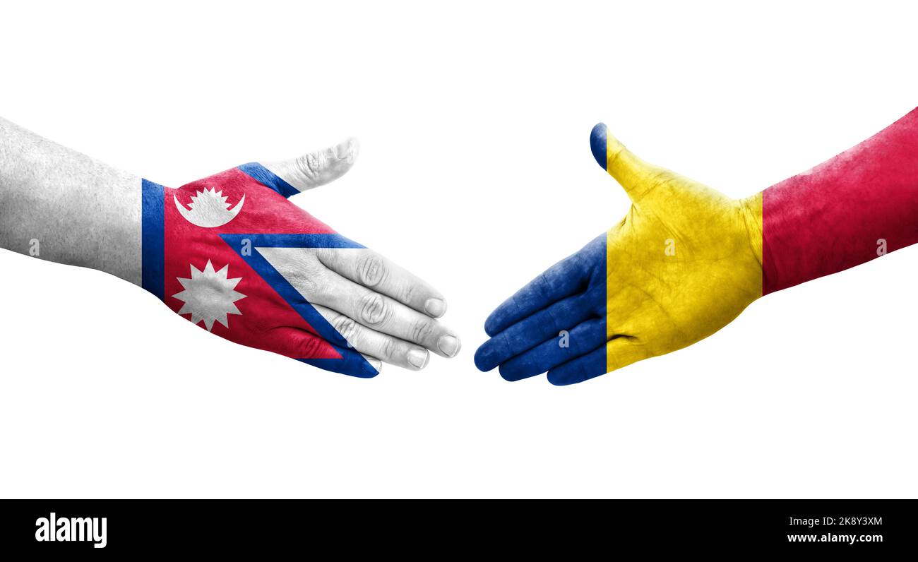 Handshake between Chad and Nepal flags painted on hands, isolated ...