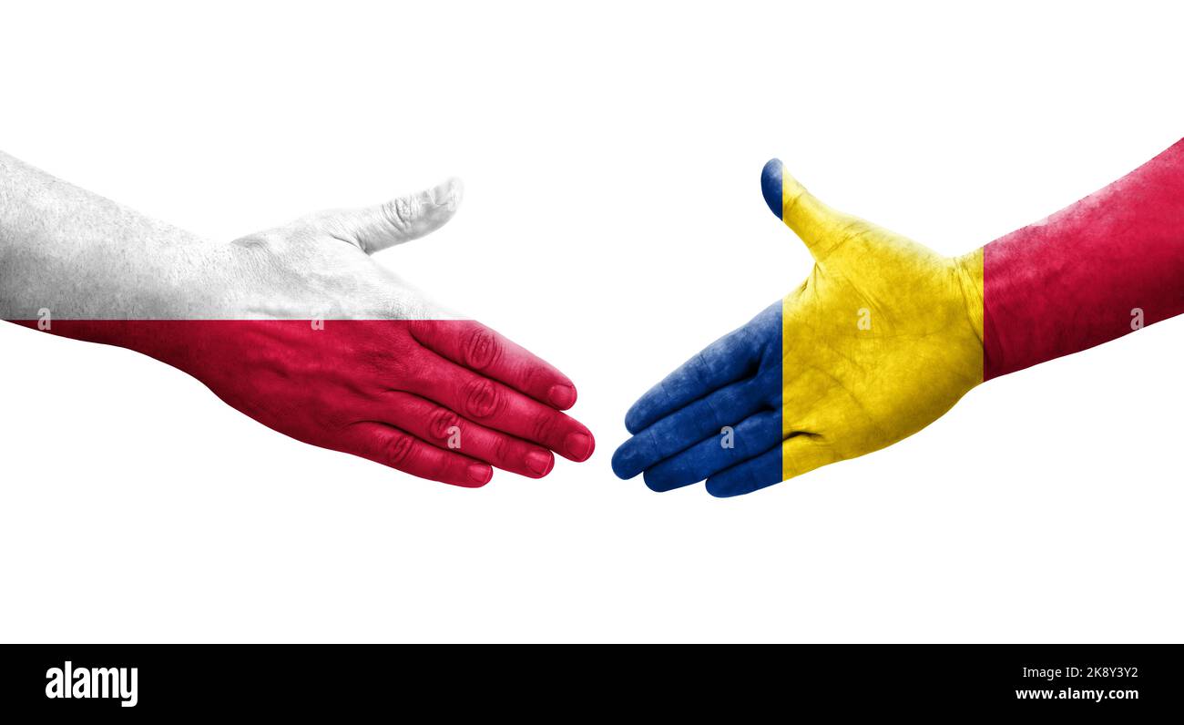 Handshake between Chad and Poland flags painted on hands, isolated ...