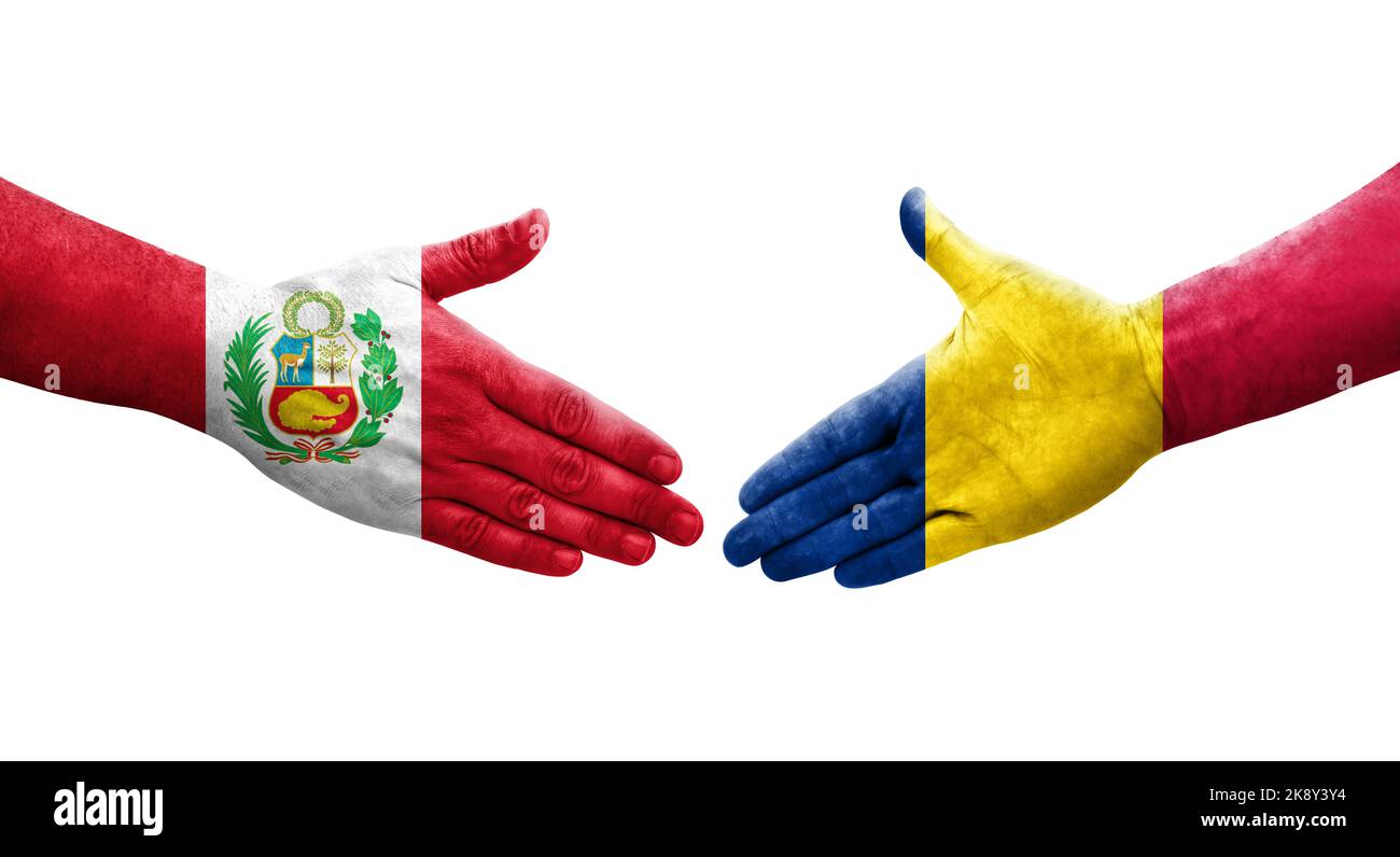 Handshake between Chad and Peru flags painted on hands, isolated ...