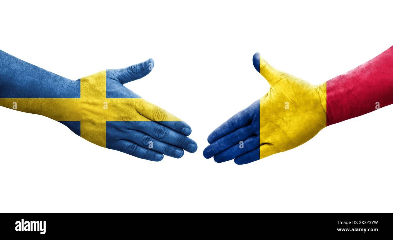 Handshake between Chad and Sweden flags painted on hands, isolated ...