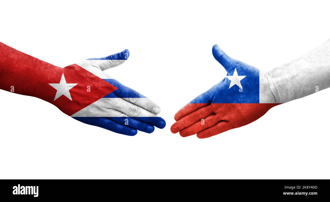 Handshake between Chile and Cuba flags painted on hands, isolated ...