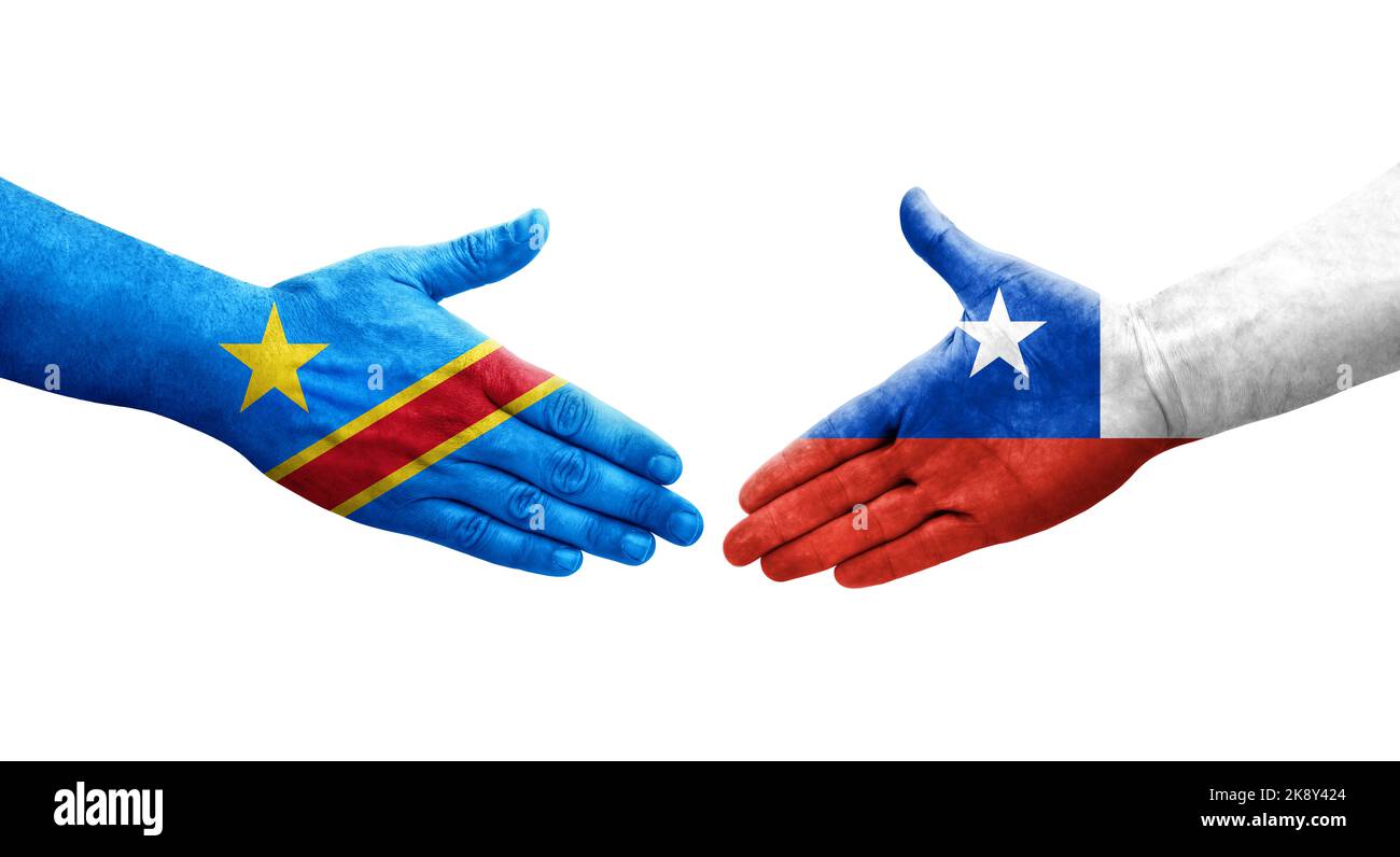 Handshake between Chile and Dr Congo flags painted on hands, isolated ...