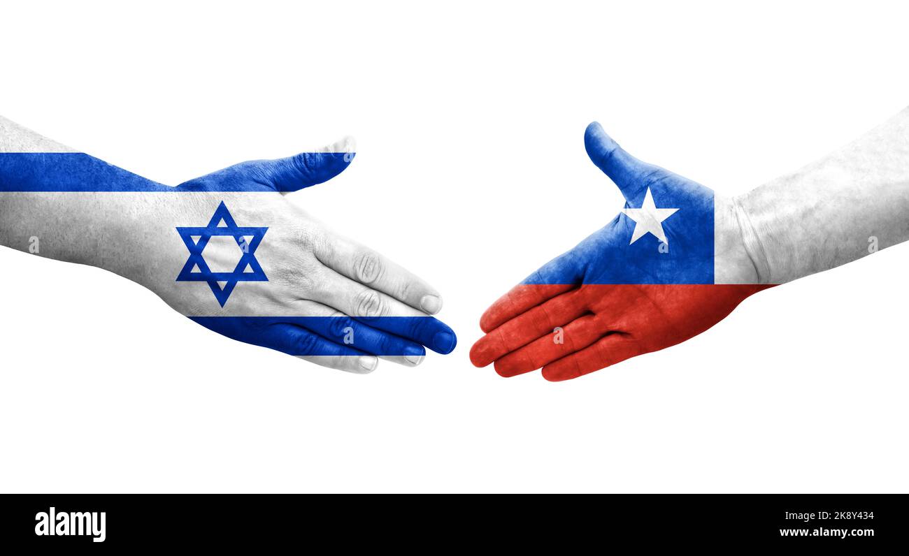 Handshake between Chile and Israel flags painted on hands, isolated ...