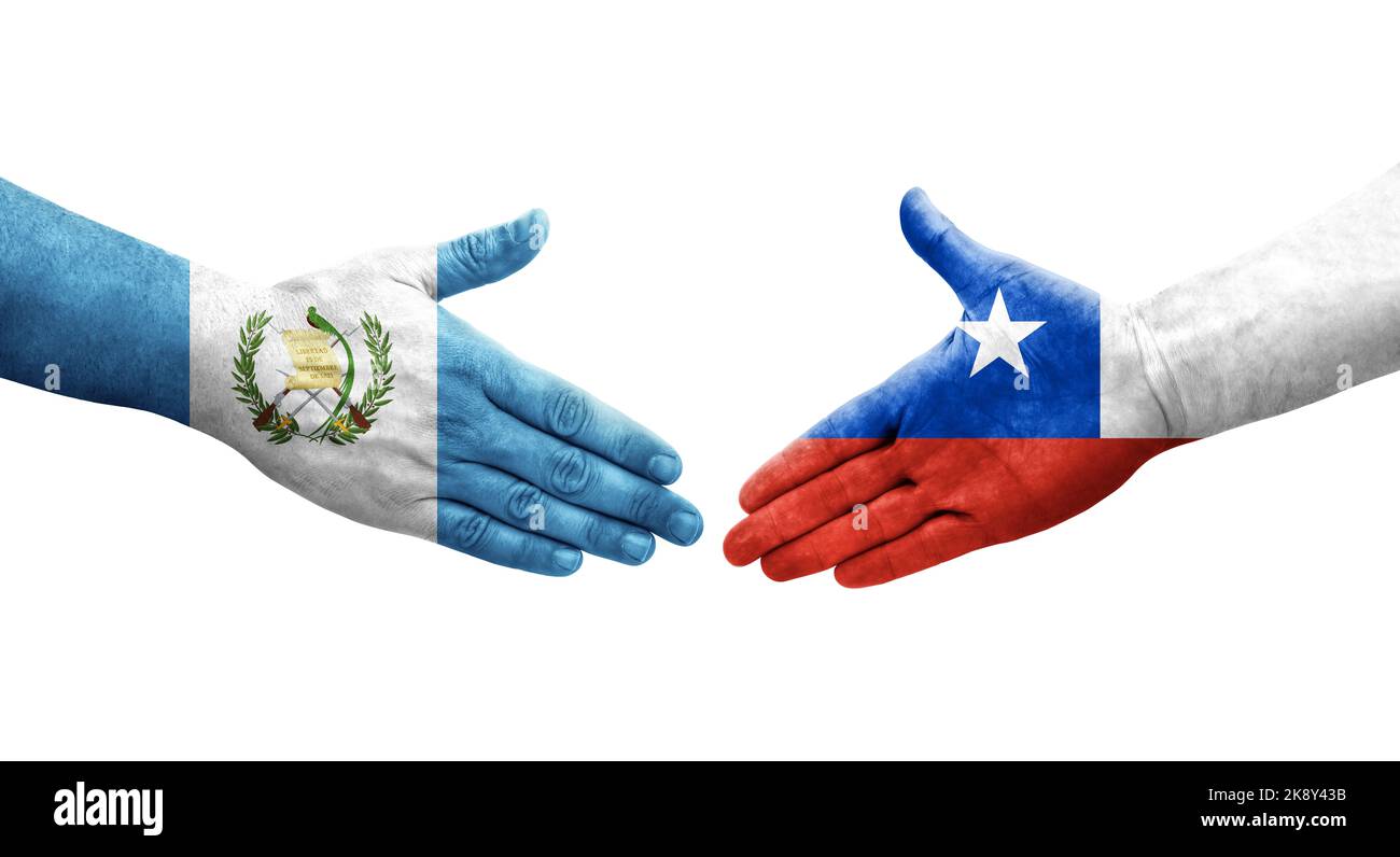 Handshake between Chile and Guatemala flags painted on hands, isolated ...