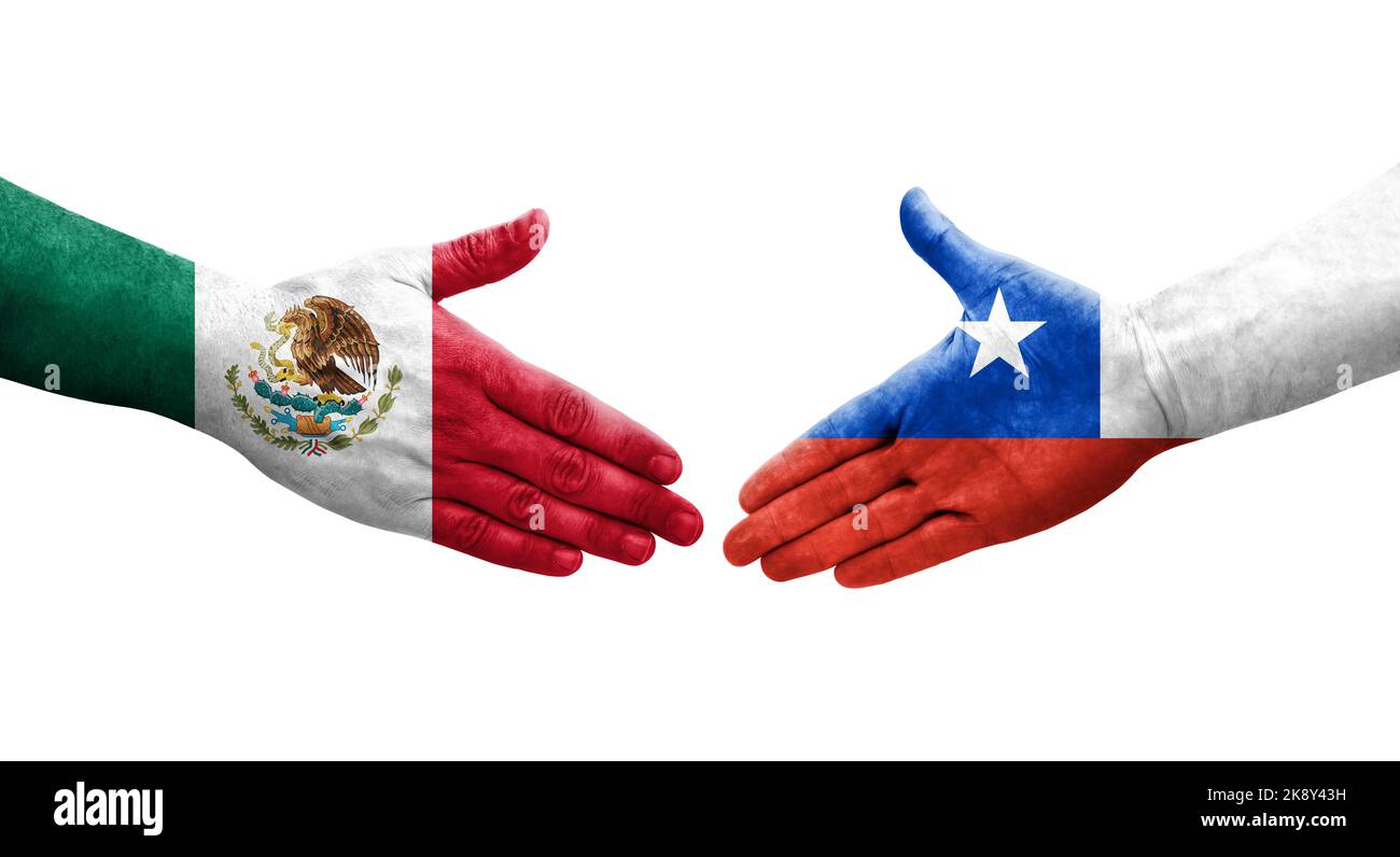 Handshake between Chile and Mexico flags painted on hands, isolated ...