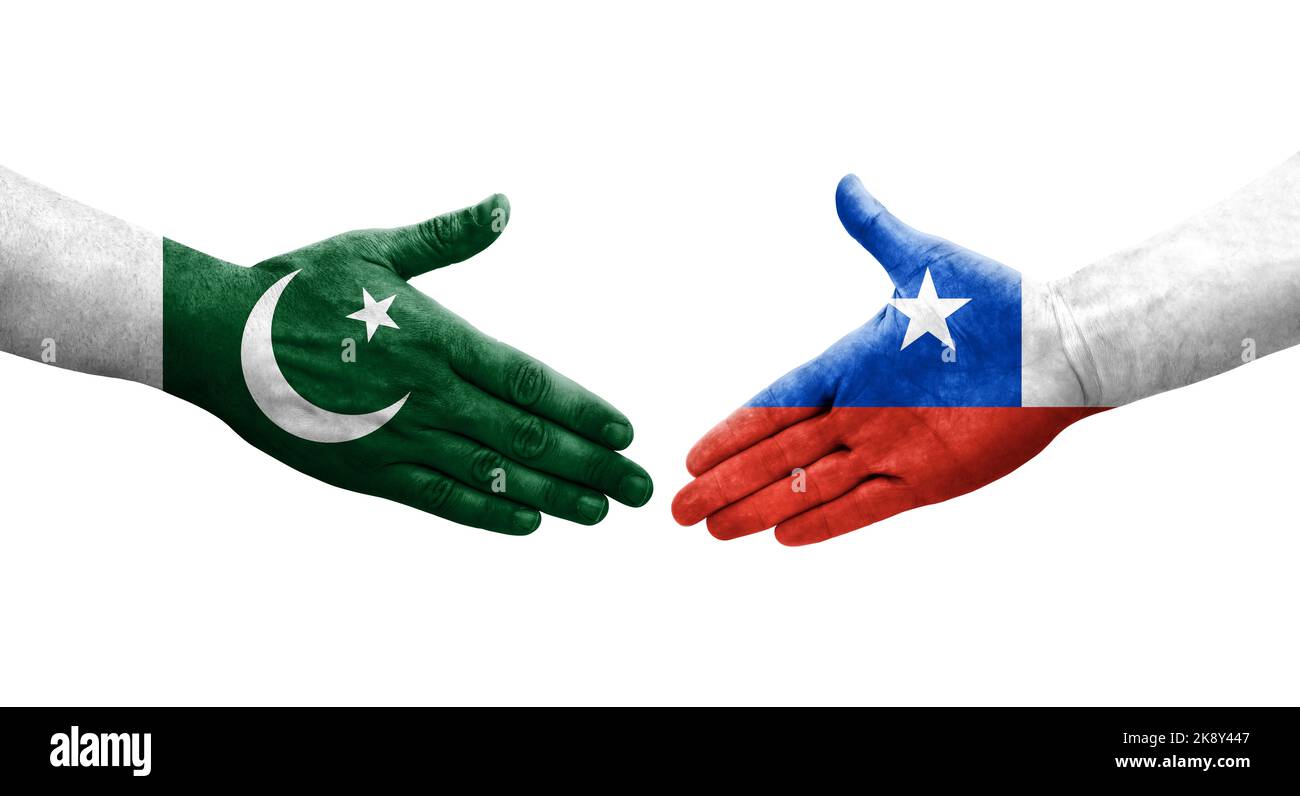 Handshake between Chile and Pakistan flags painted on hands, isolated ...