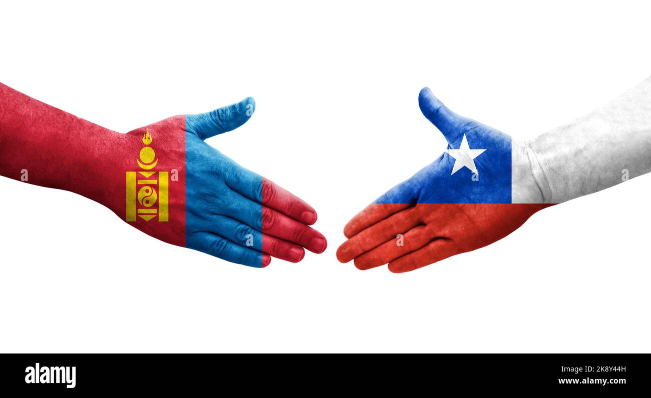 Handshake between Chile and Mongolia flags painted on hands, isolated ...