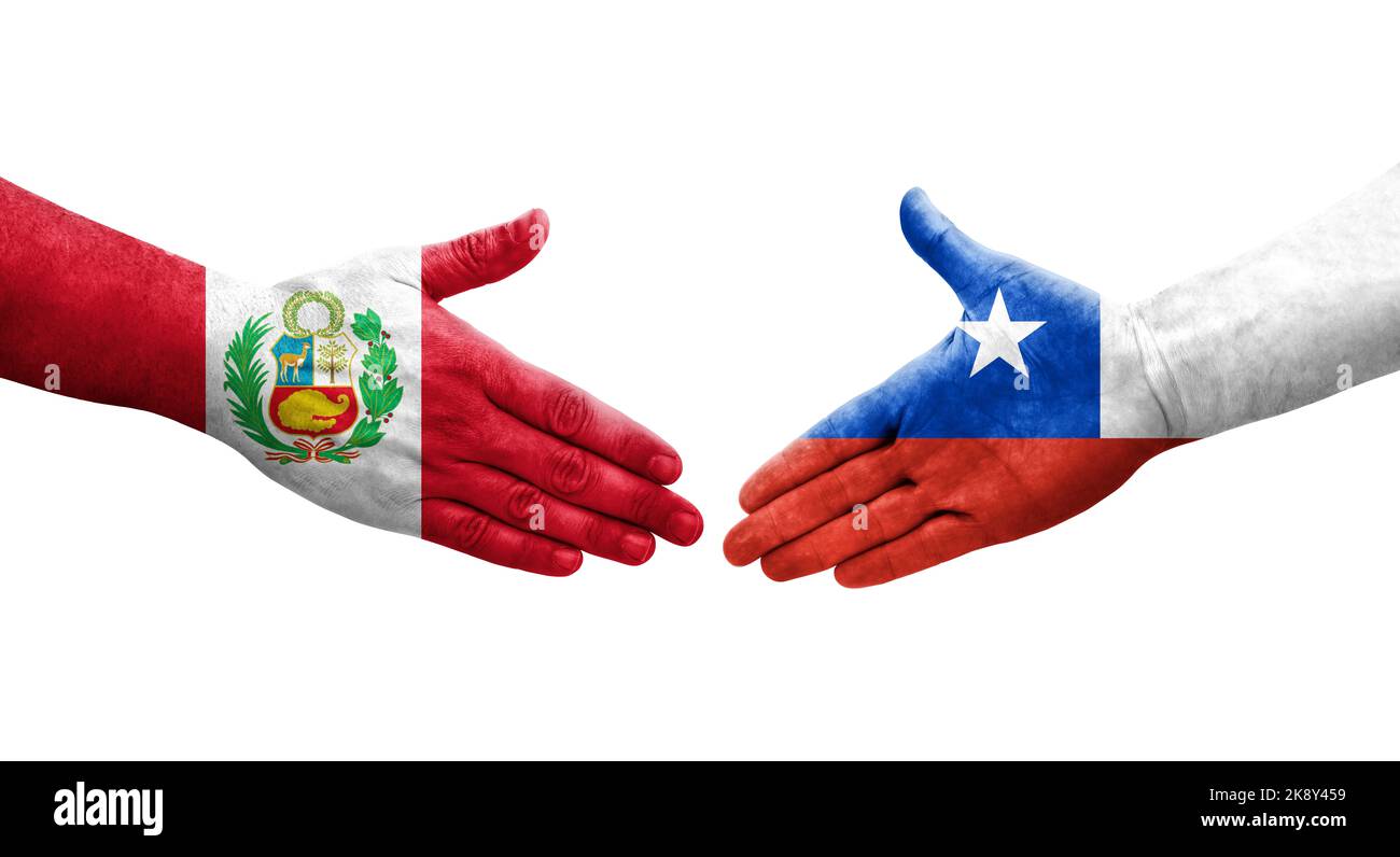 Handshake between Chile and Peru flags painted on hands, isolated ...