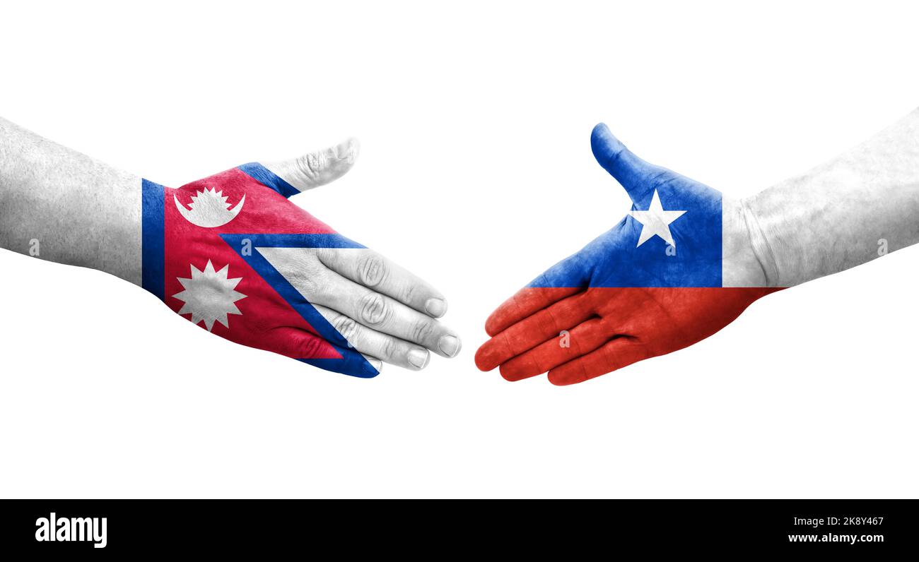 Handshake between Chile and Nepal flags painted on hands, isolated ...