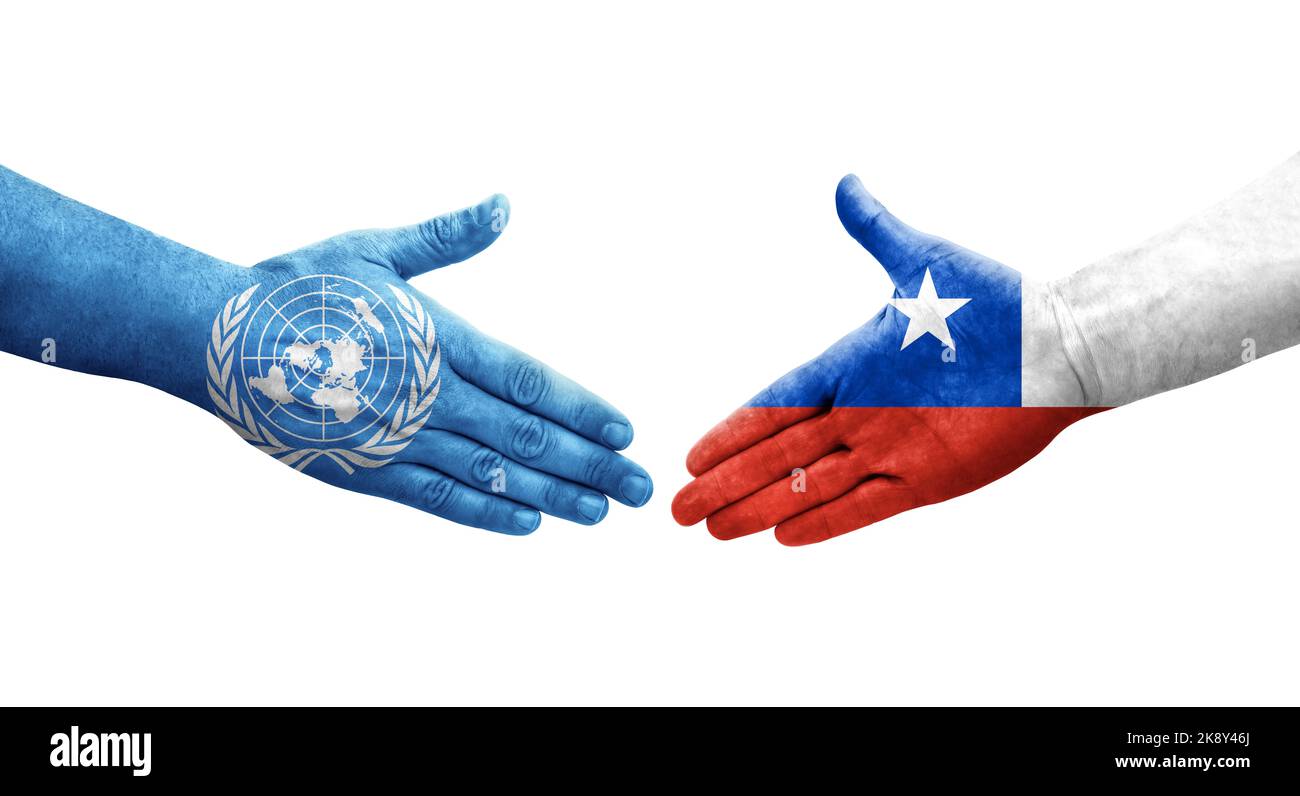 Handshake between Chile and United Nations flags painted on hands ...