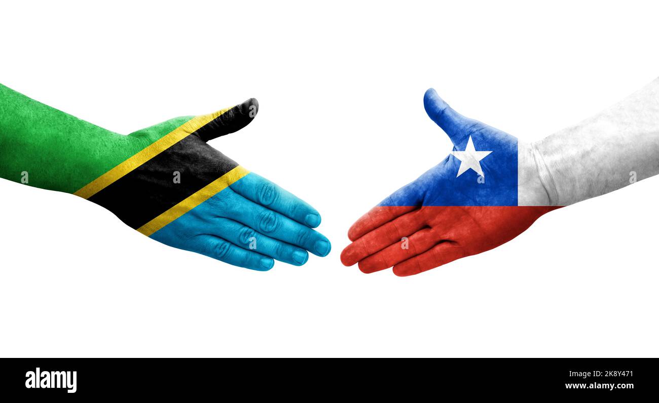 Handshake between Chile and Tanzania flags painted on hands, isolated ...
