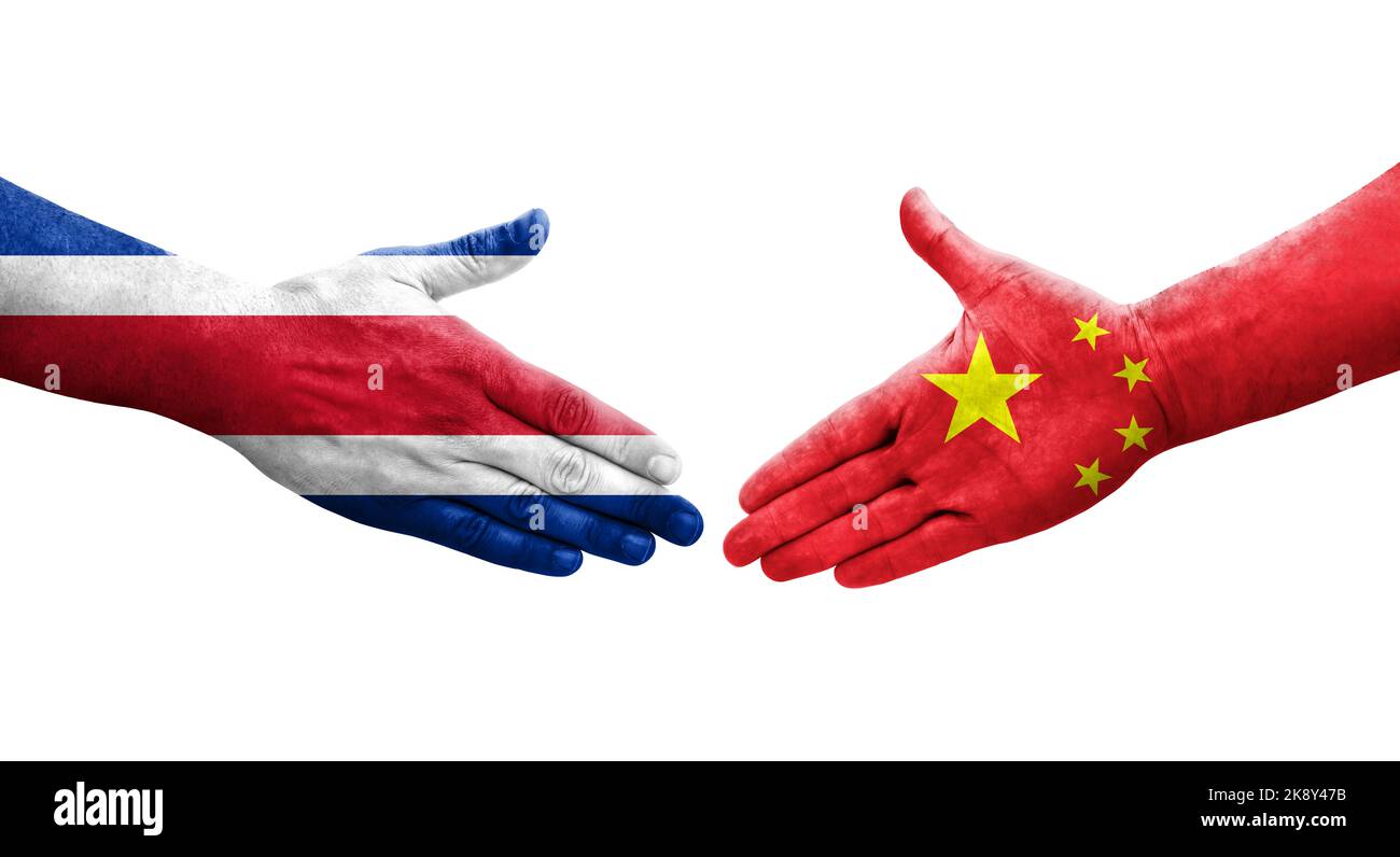 Handshake between China and Costa Rica flags painted on hands, isolated ...