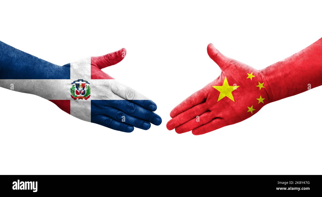 Handshake between China and Dominican Republic flags painted on hands ...