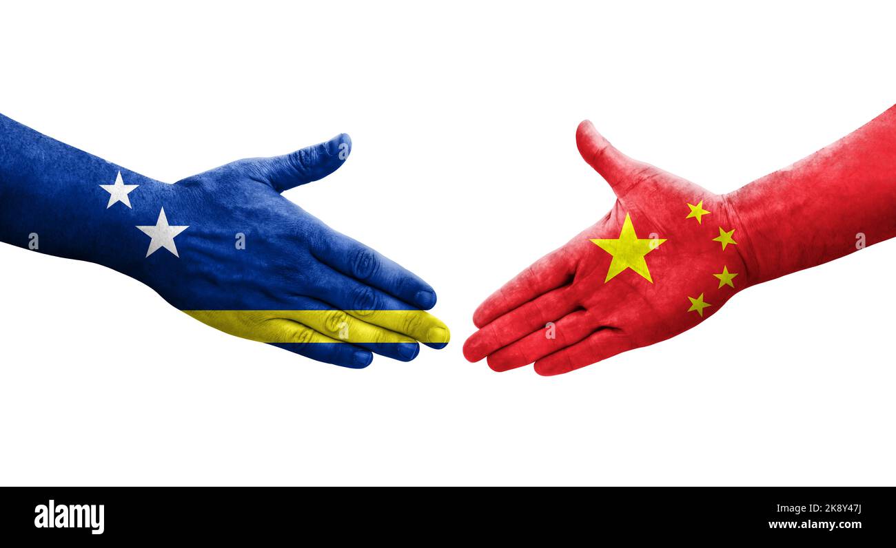 Handshake between China and Curacao flags painted on hands, isolated ...