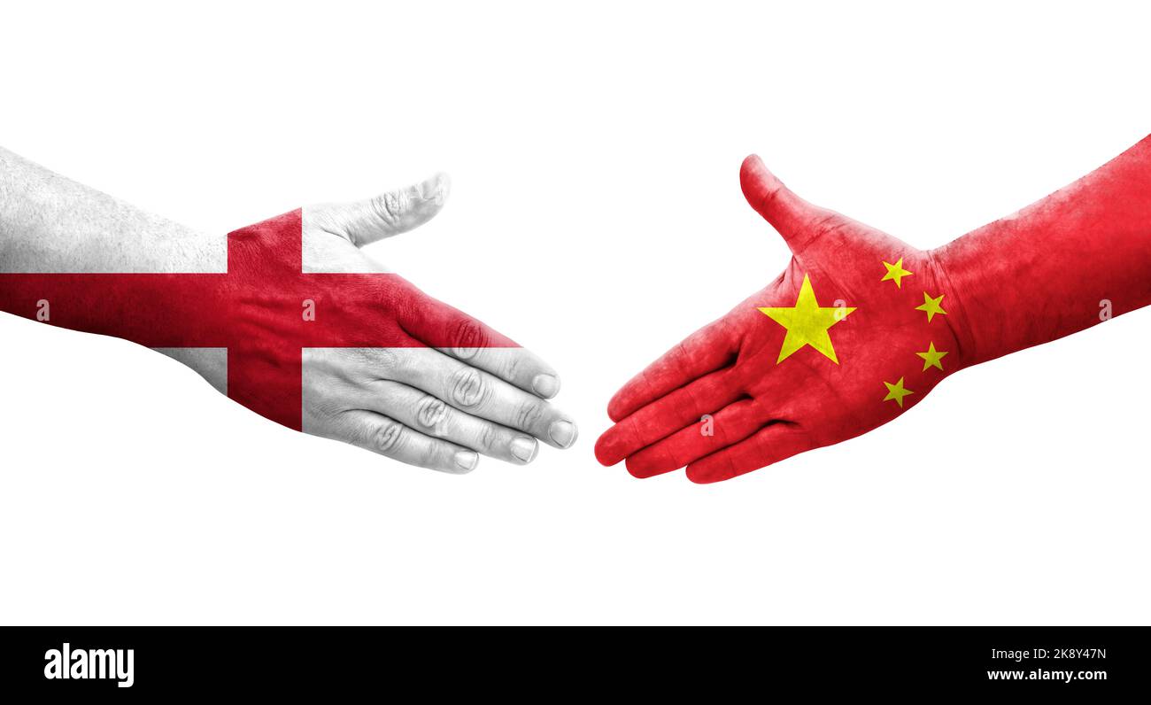 Handshake between China and England flags painted on hands, isolated ...
