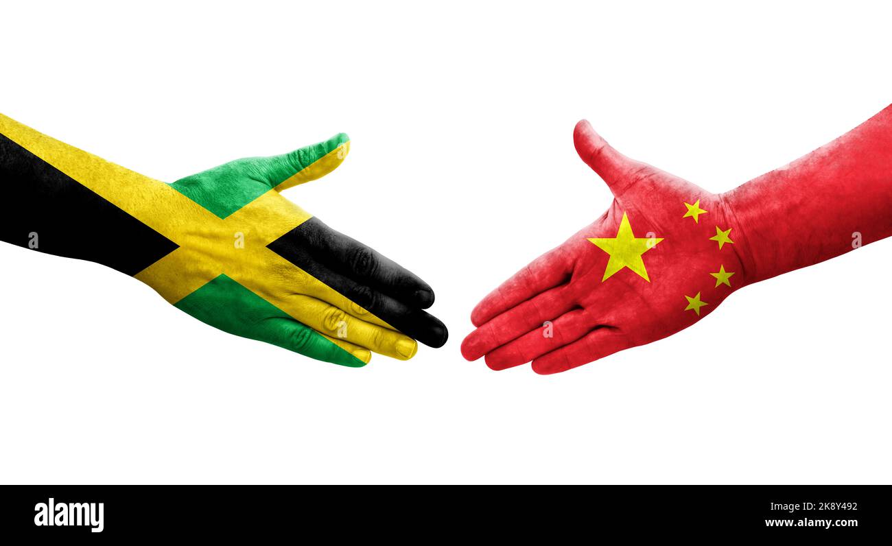 Handshake between China and Jamaica flags painted on hands, isolated ...