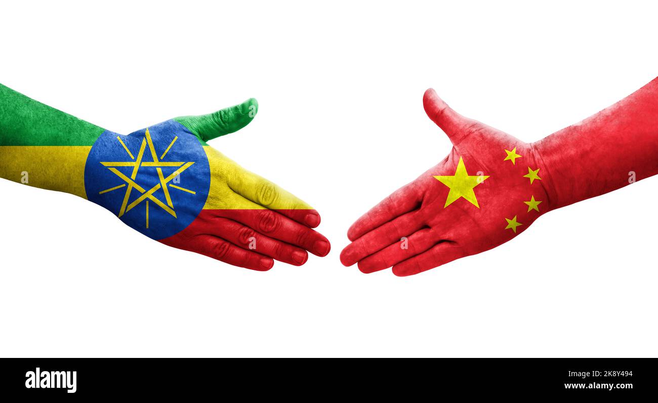 Handshake between China and Ethiopia flags painted on hands, isolated ...