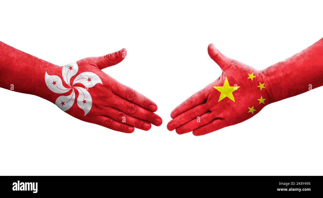 Handshake between China and Hong Kong flags painted on hands, isolated ...