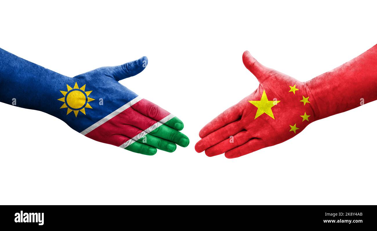 Handshake between China and Namibia flags painted on hands, isolated ...