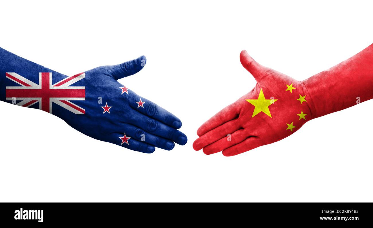 Handshake between China and New Zealand flags painted on hands ...