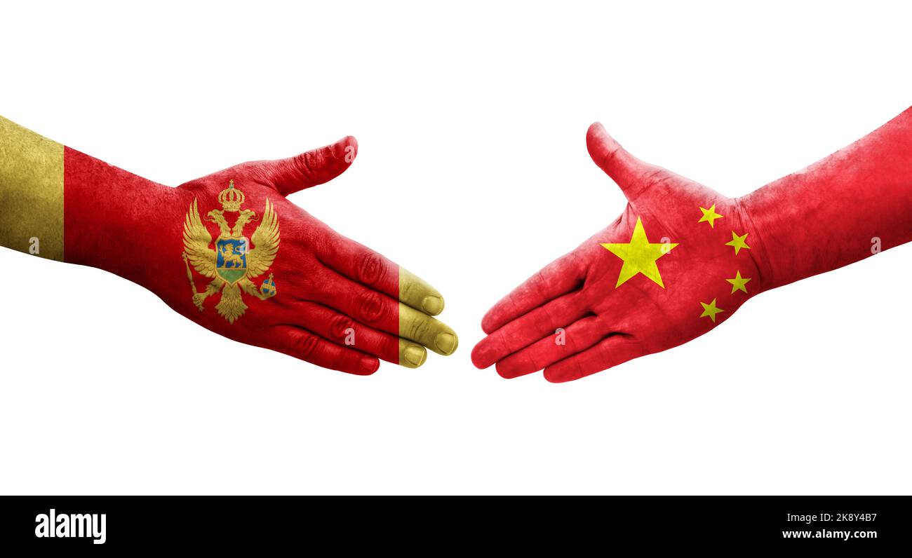Handshake between China and Montenegro flags painted on hands, isolated ...