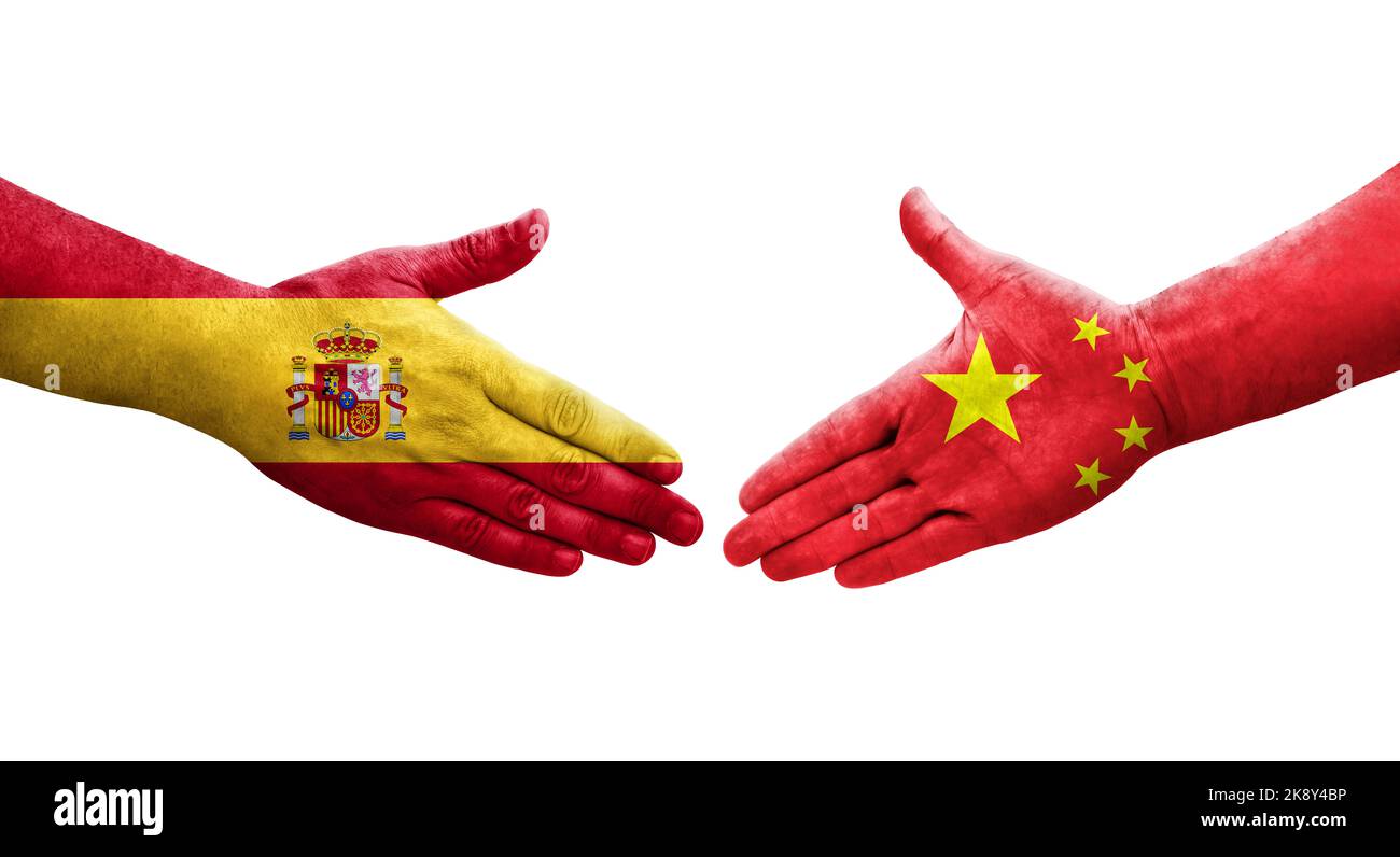 Handshake between China and Spain flags painted on hands, isolated ...