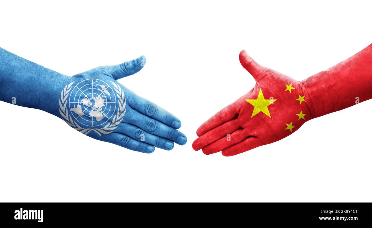 Handshake between China and United Nations flags painted on hands ...