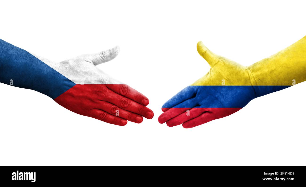 Handshake between Colombia and Czechia flags painted on hands, isolated ...