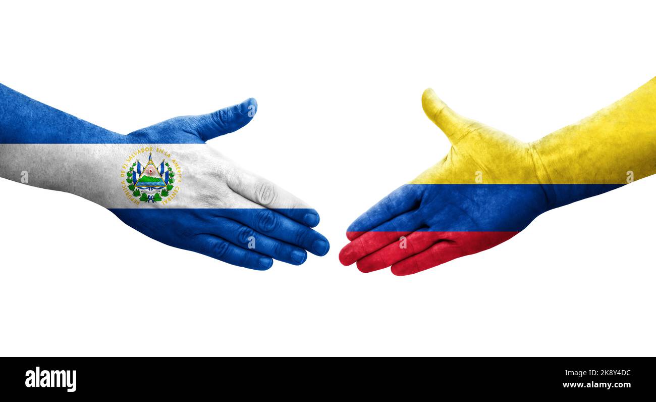 Handshake between Colombia and El Salvador flags painted on hands ...