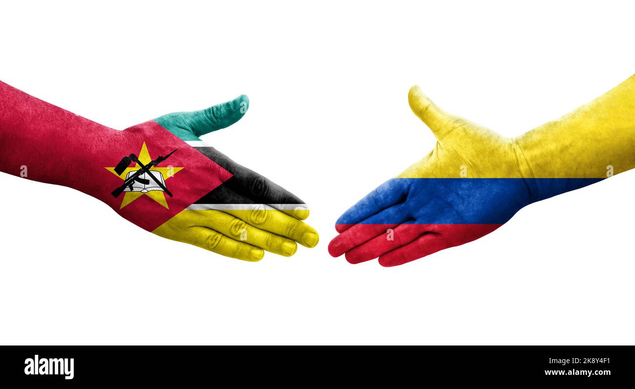 Handshake between Colombia and Mozambique flags painted on hands ...