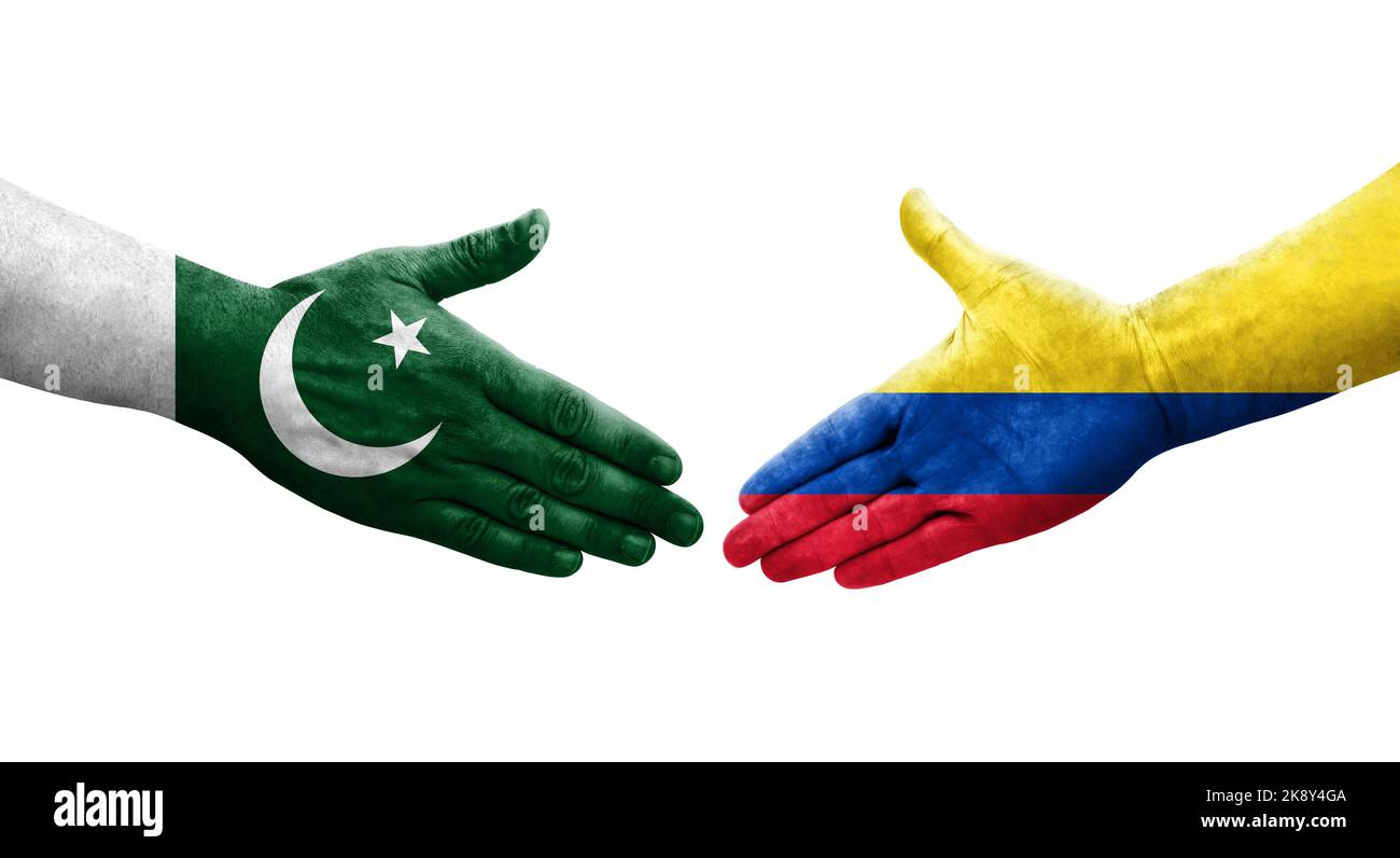 Handshake between Colombia and Pakistan flags painted on hands ...