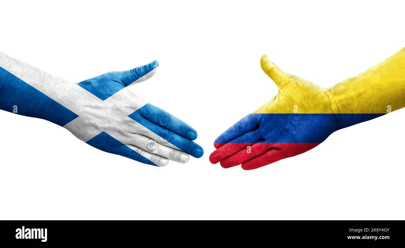 Handshake between Colombia and Scotland flags painted on hands ...