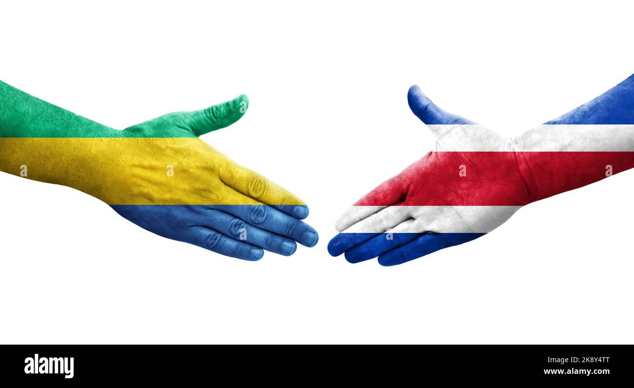 Handshake between Costa Rica and Gabon flags painted on hands, isolated ...