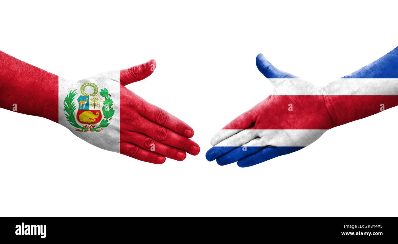 Handshake between Costa Rica and Peru flags painted on hands, isolated ...