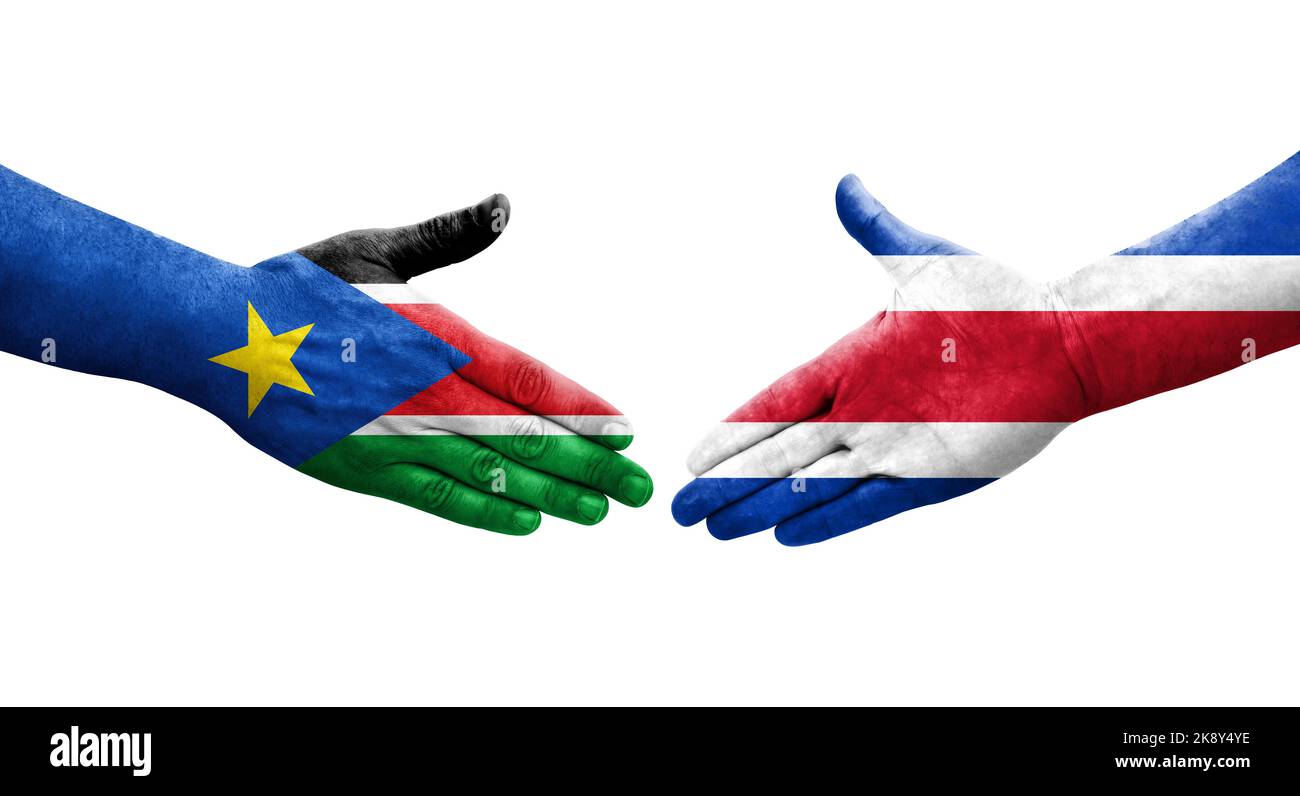 Handshake between Costa Rica and South Sudan flags painted on hands ...