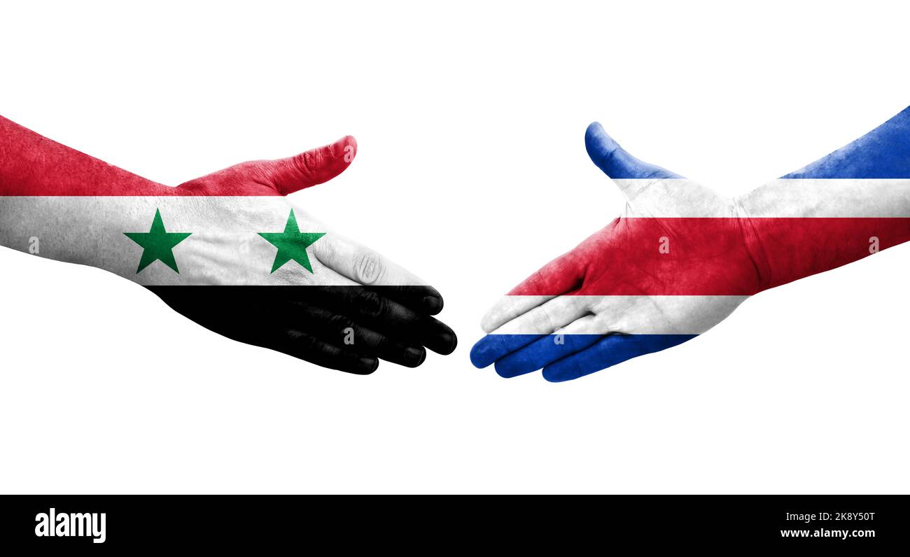 Handshake between Costa Rica and Syria flags painted on hands, isolated ...