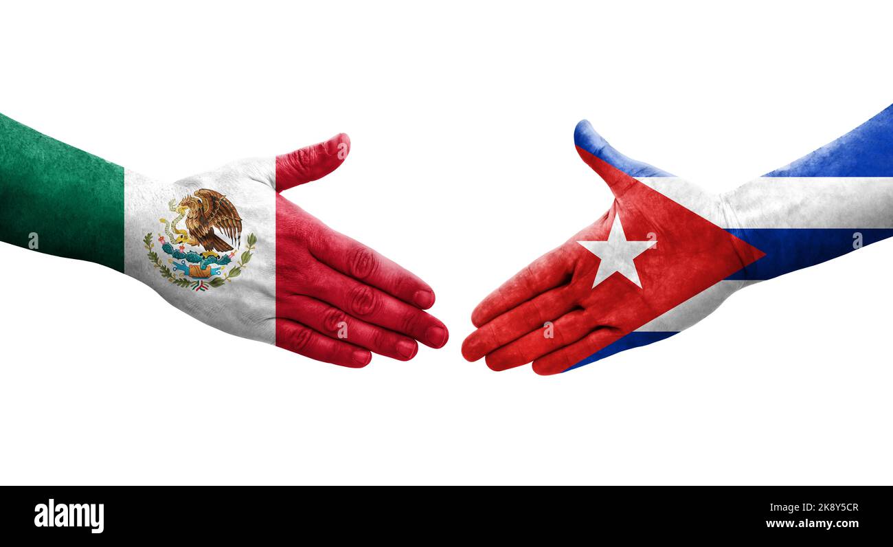 Handshake between Cuba and Mexico flags painted on hands, isolated ...