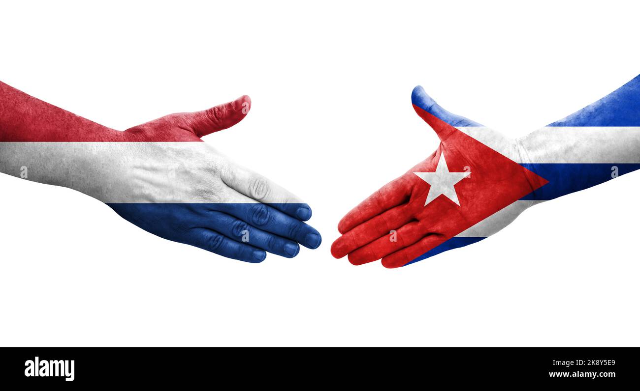 Handshake between Cuba and Netherlands flags painted on hands, isolated ...