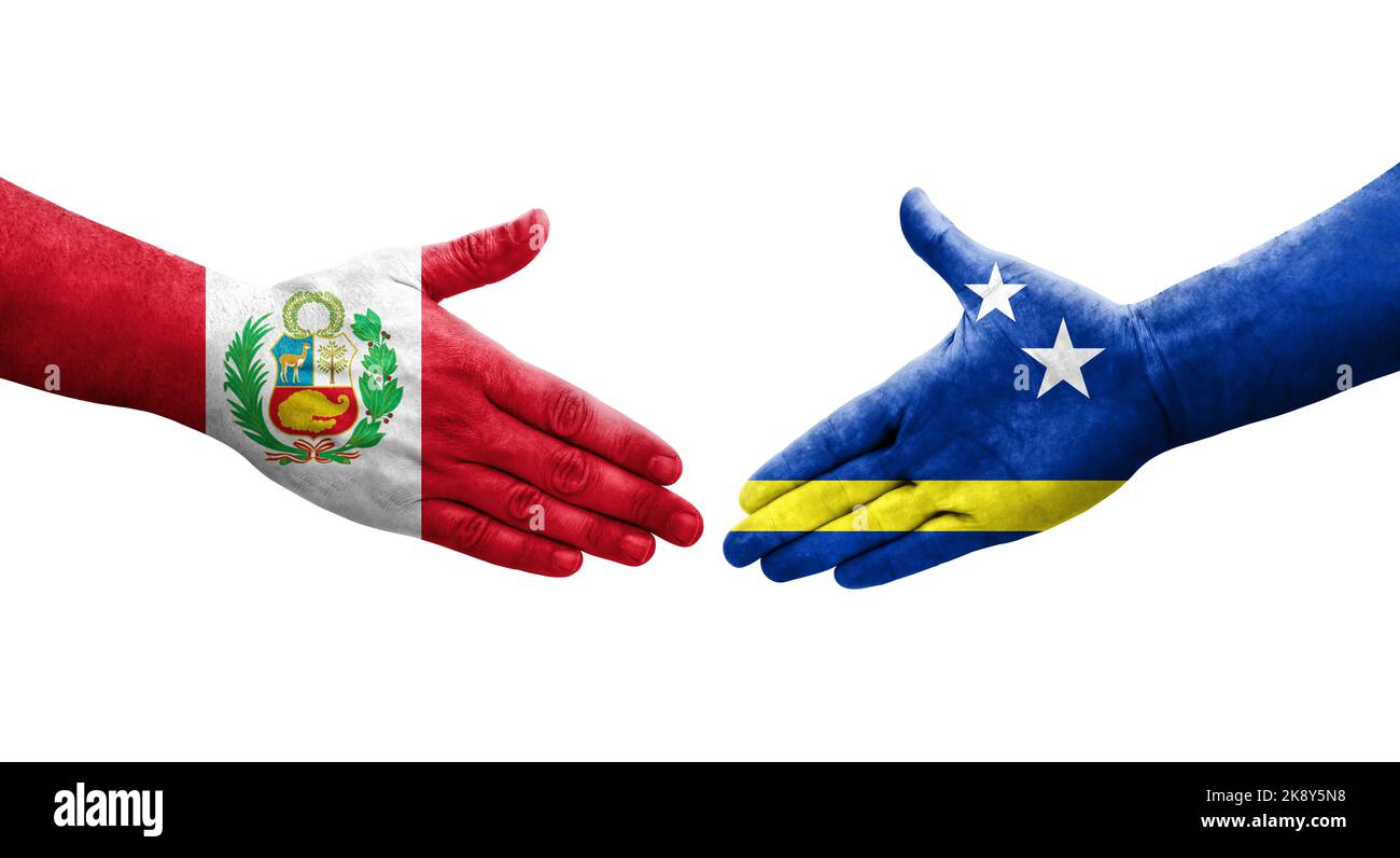 Handshake between Curacao and Peru flags painted on hands, isolated ...