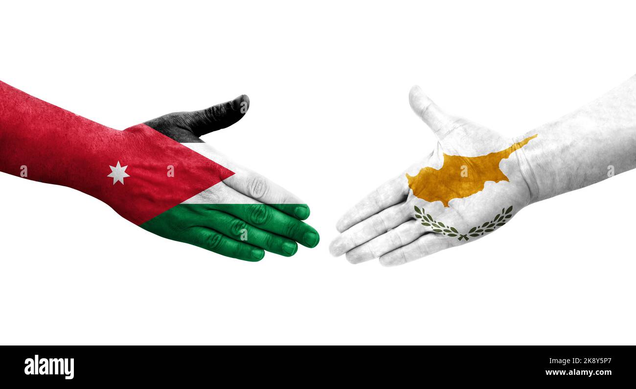 Handshake between Cyprus and Jordan flags painted on hands, isolated ...