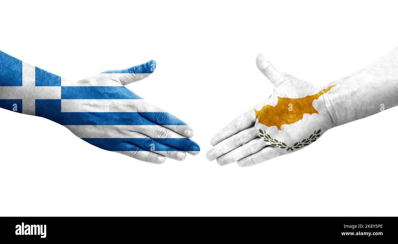 Handshake between Cyprus and Greece flags painted on hands, isolated ...