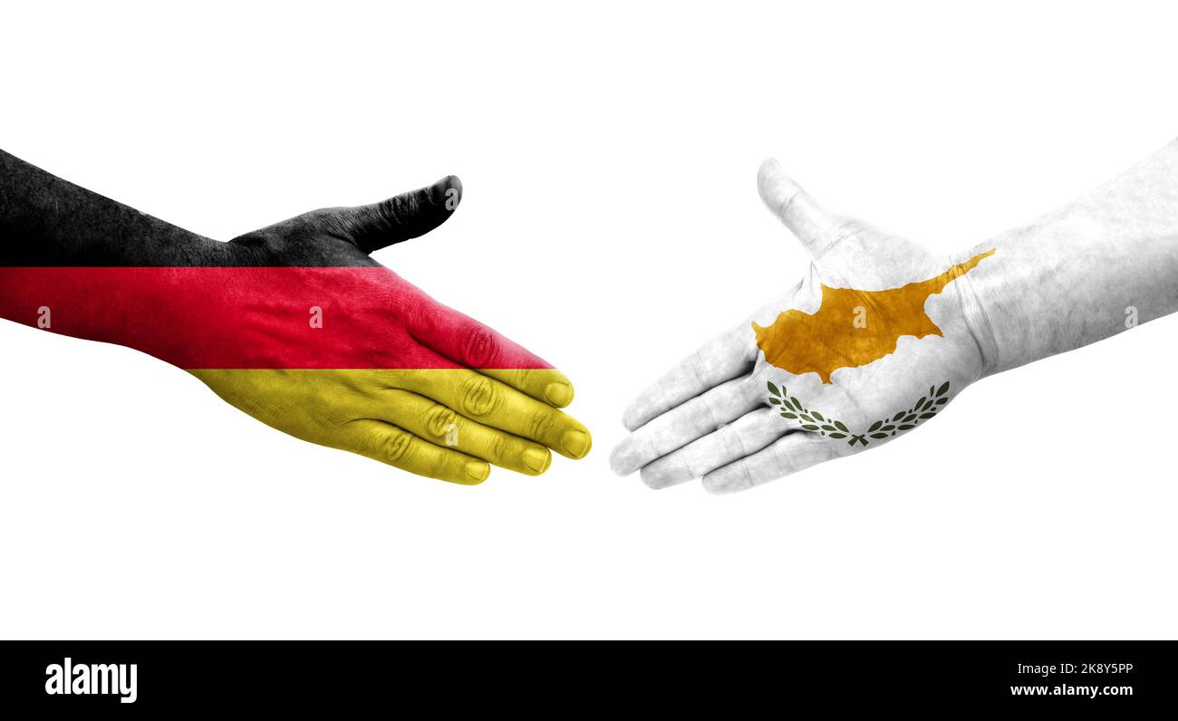 Handshake between Cyprus and Germany flags painted on hands, isolated ...