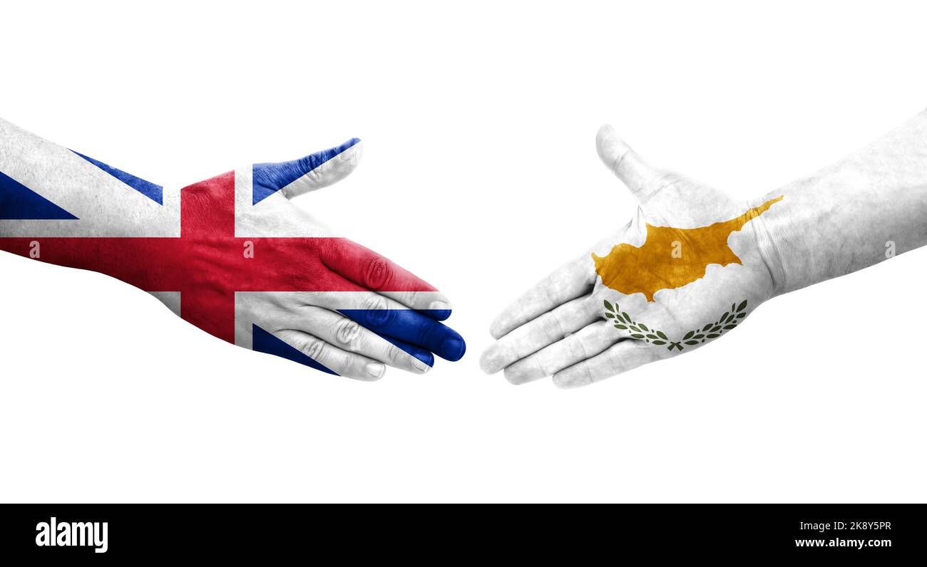 Handshake between Cyprus and Great Britain flags painted on hands ...