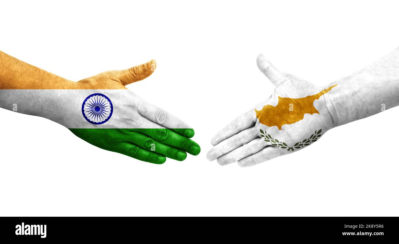 Handshake between Cyprus and India flags painted on hands, isolated ...