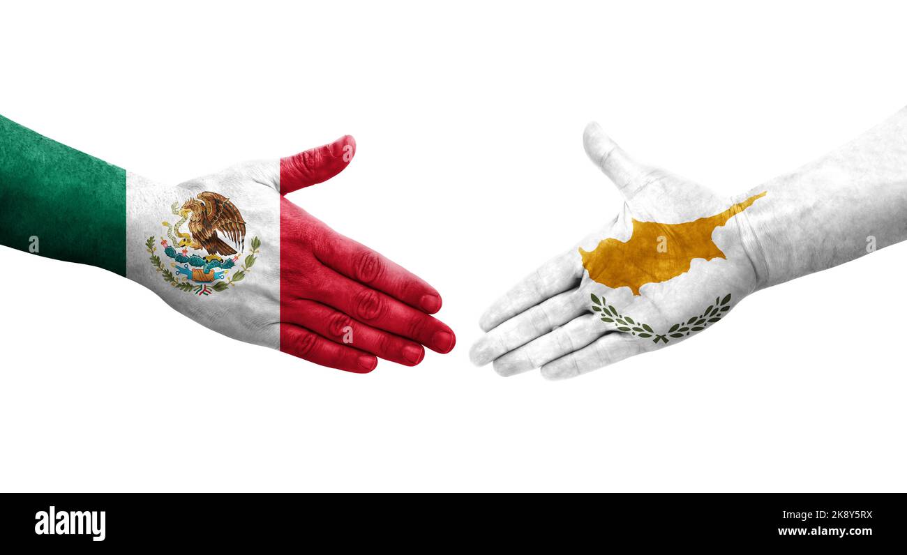 Handshake between Cyprus and Mexico flags painted on hands, isolated ...