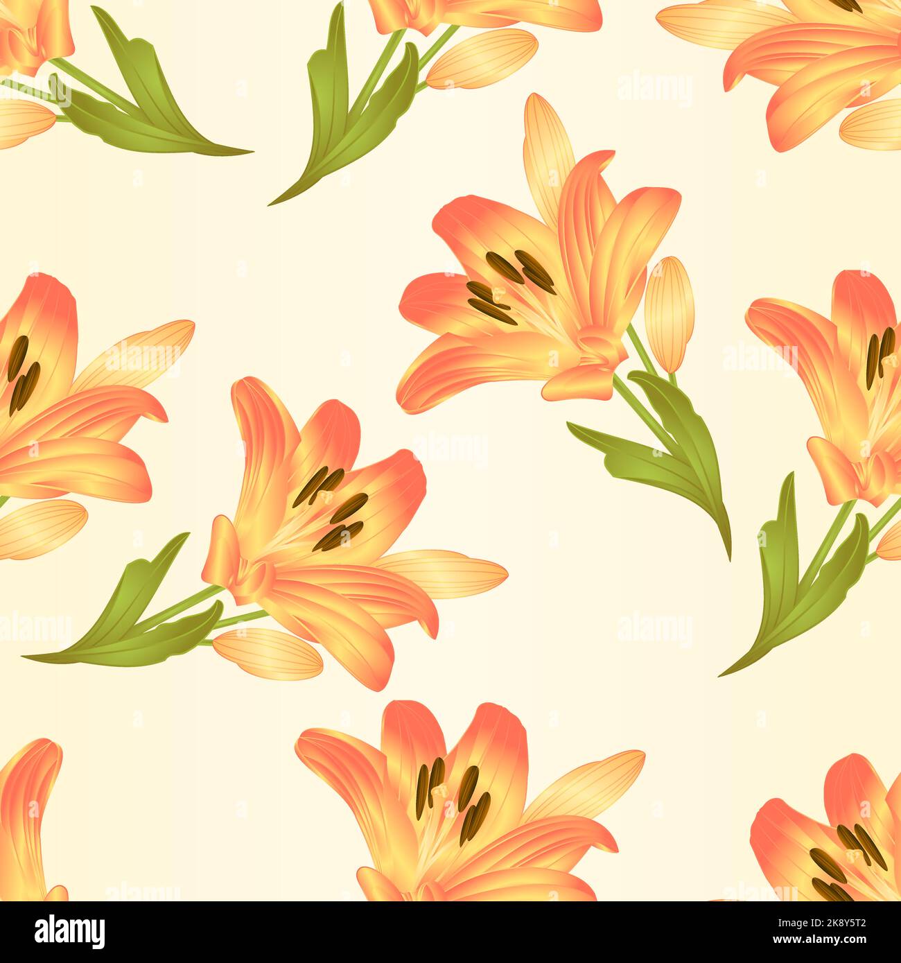 Seamless texture yellow lily flower with leaves and buds vintage vector ...