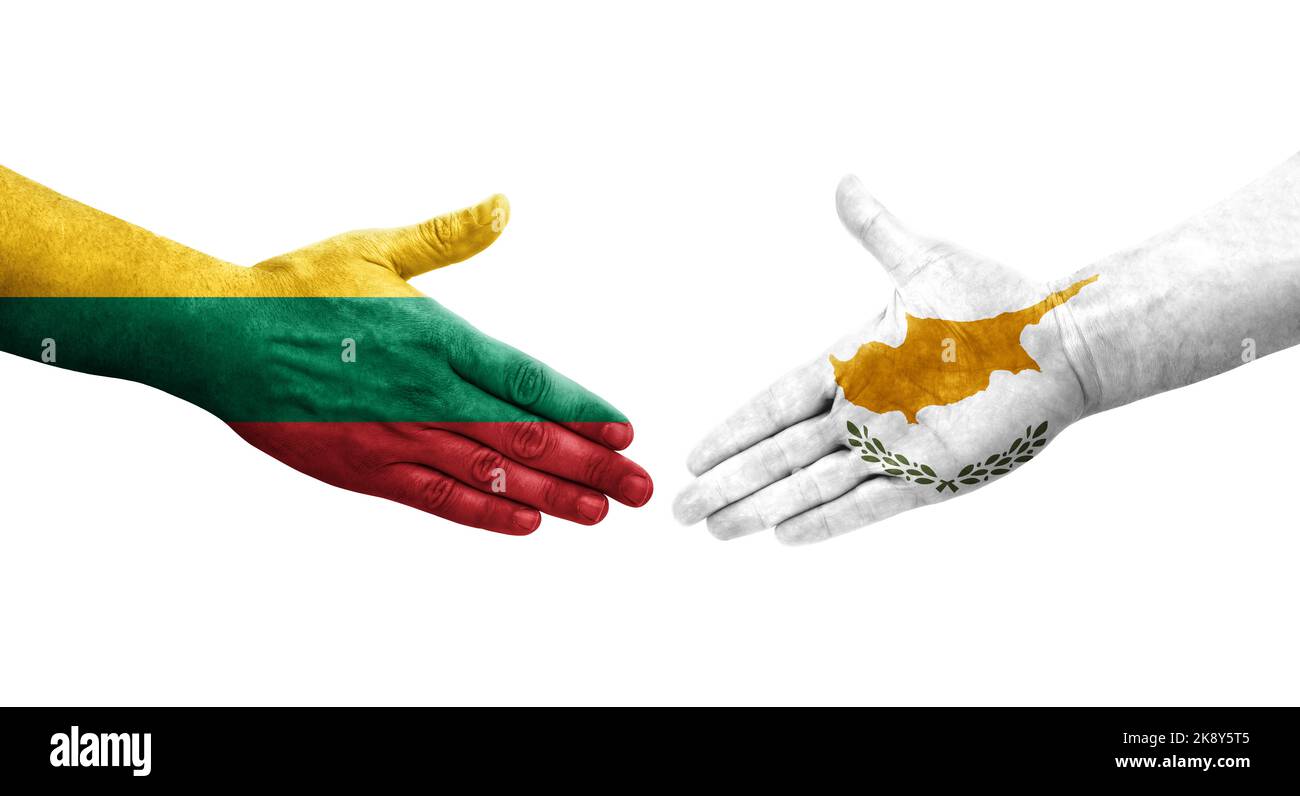 Handshake between Cyprus and Lithuania flags painted on hands, isolated ...